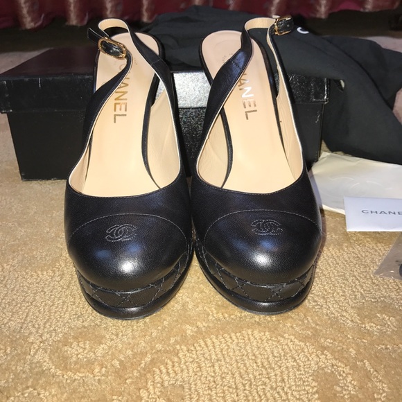 CHANEL | Shoes | Chanel Black Slingback Platforms Heels | Poshmark